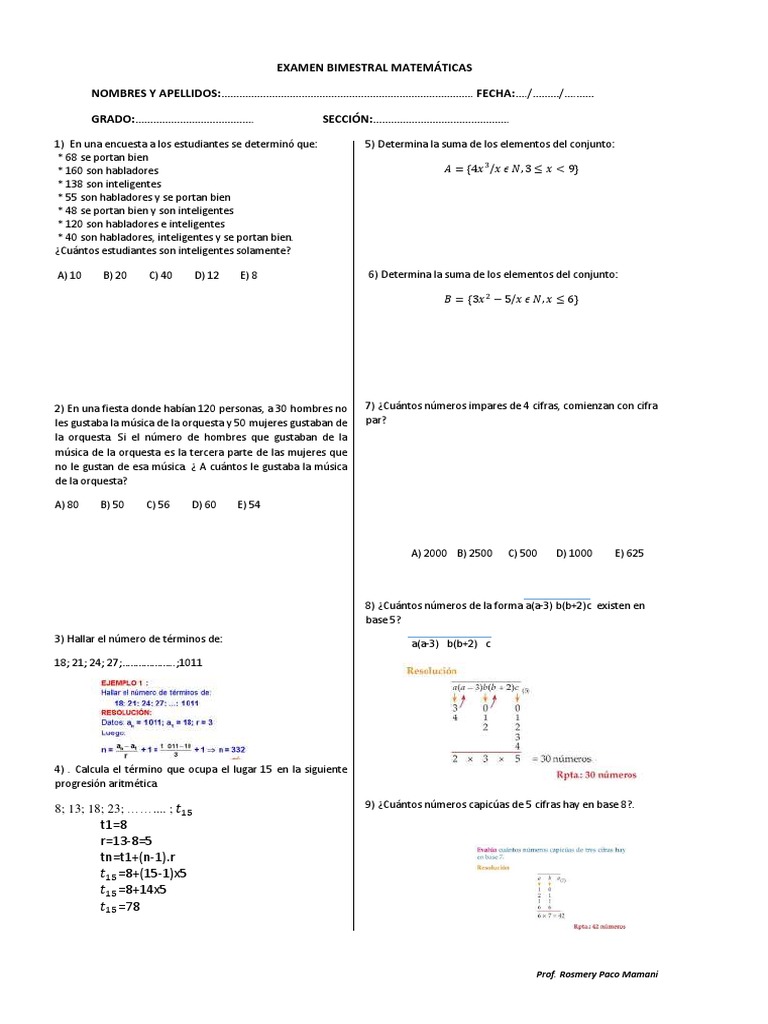 Examen Bimestral Matemáticas Recuperación | PDF