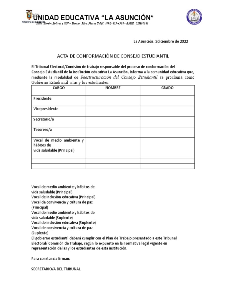 Acta de Conformacion de Consejo Estudiantil | PDF