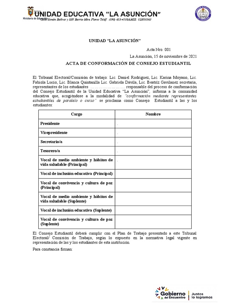 Acta de Conformación Del Consejo Estudiantil 2021 - 2022 | PDF ...