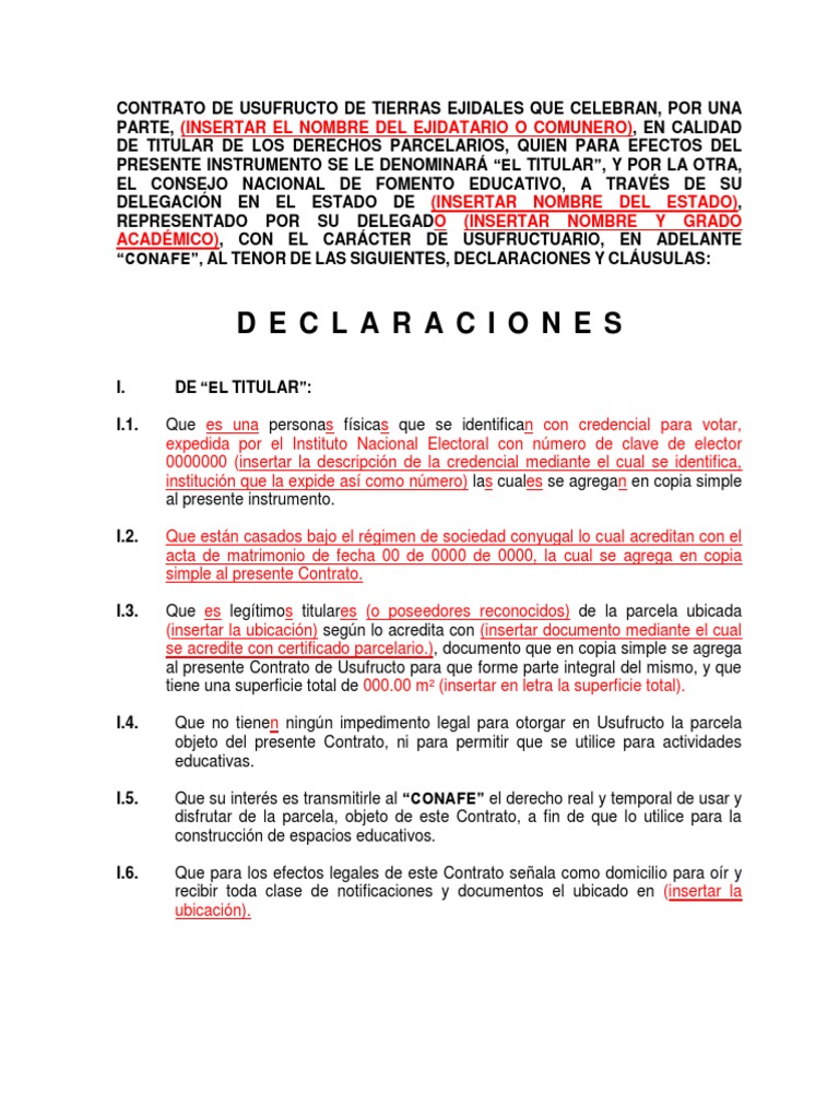 CONTRATO DE USUFRUCTO Con Ejidatario o Comunero Revisado Por El RAN ...