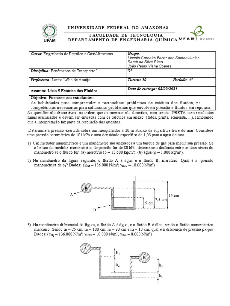 Atividade Aula 05 - Estática Dos Fluidos. | PDF
