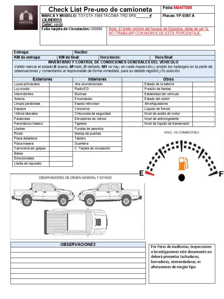 Check List Pre-uso Camioneta Toyota | PDF | Estilos de carrocería ...