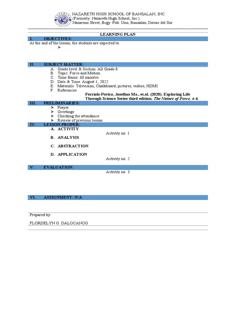 Learning Plan Format Pdf