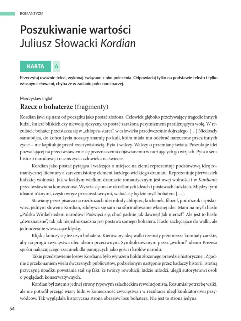 Juliusz Sjowacki Kordian: Poszukiwanie Warto Ci | PDF