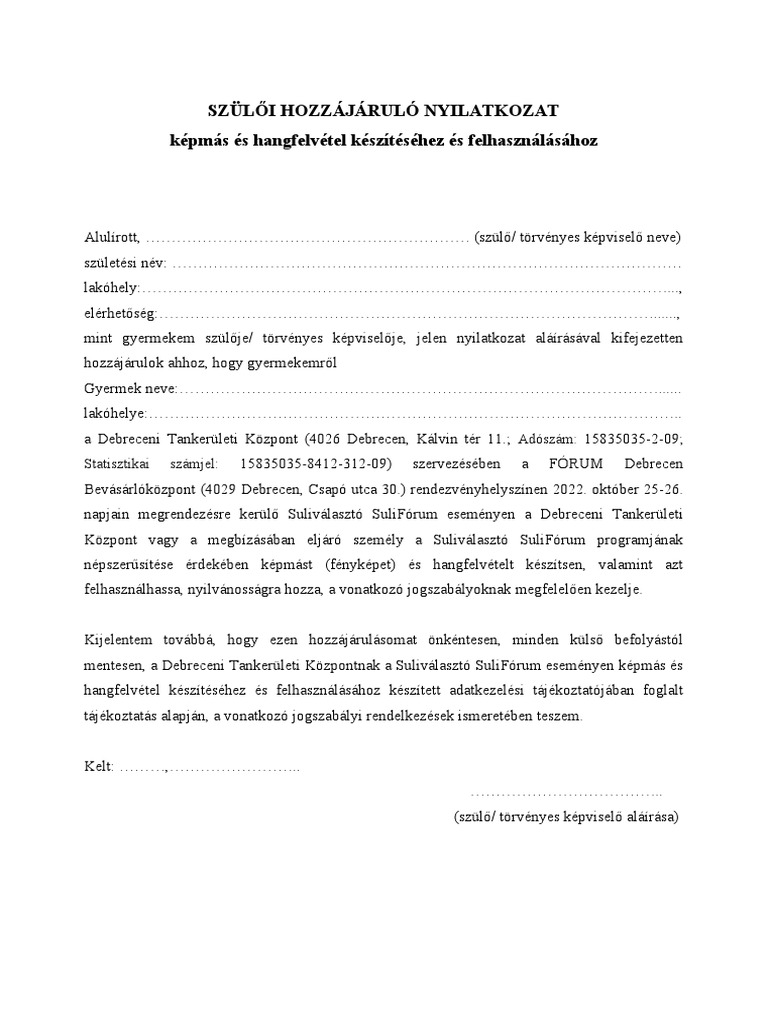 Szülői Hozzájáruló Nyilatkozat Képmás Felhasználásához Pdf