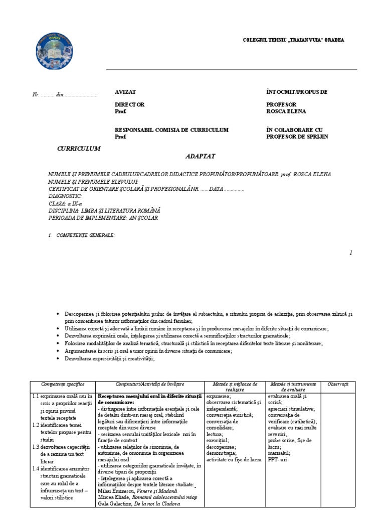 Curriculum Adaptat Elev Ces | PDF