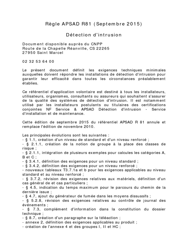 Règle APSAD R81 : Détection d'intrusion | PDF | Informatique | Risque