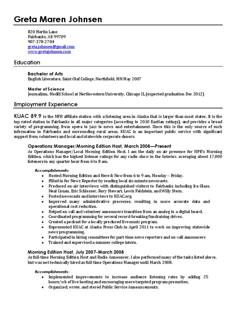 Greta Johnsen's Radio Career Overview | PDF | News Broadcasting | Npr