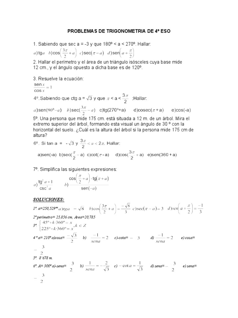 Ejercicios de TRIGONOMETRIA DE 4 ESO | PDF