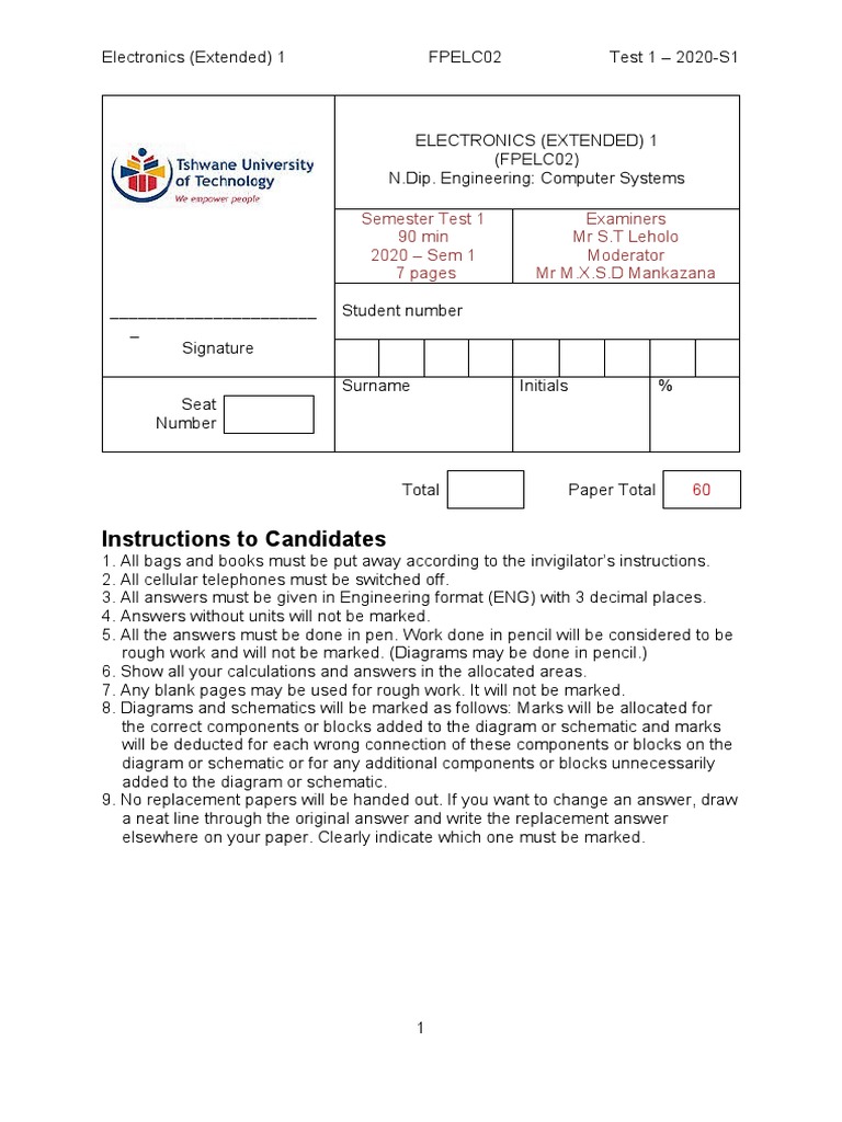 FPELC02 - Semester Test 1 (2020) | PDF | Electrical Resistance And ...