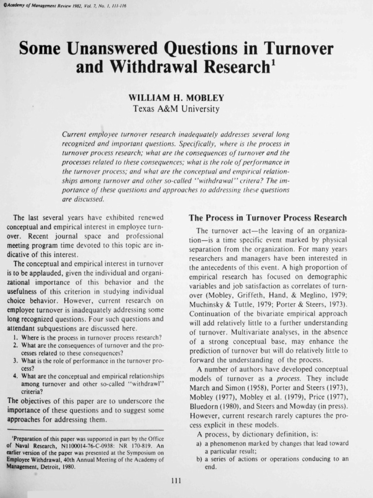 Some Unanswered Questions in Turnover and Withdrawal Research | PDF ...