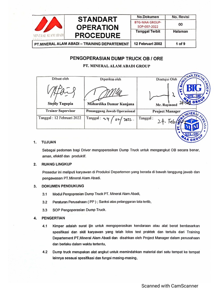 SOP Pengoprasian Dump Truck | PDF