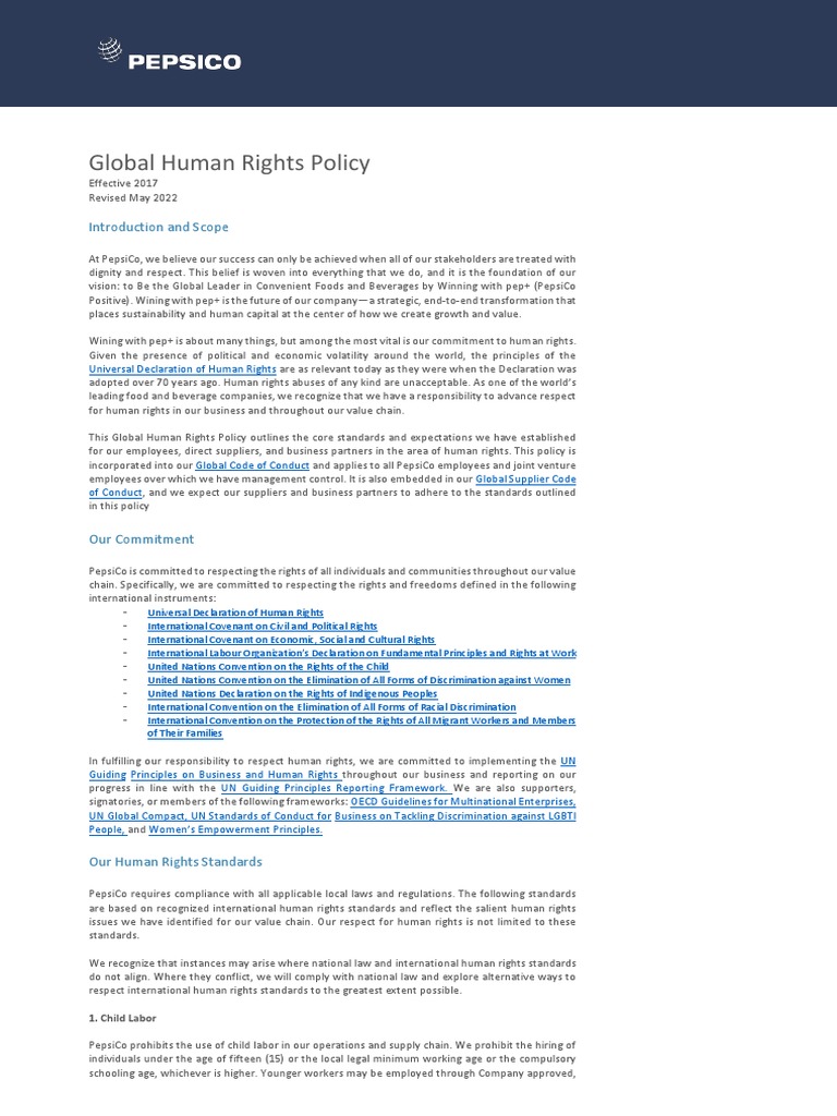 PepsiCo Global Human Rights Policy | PDF | Employment | International ...