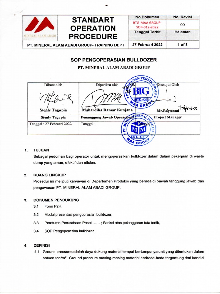 012 .SOP Pengoperasian Bulldozer | PDF