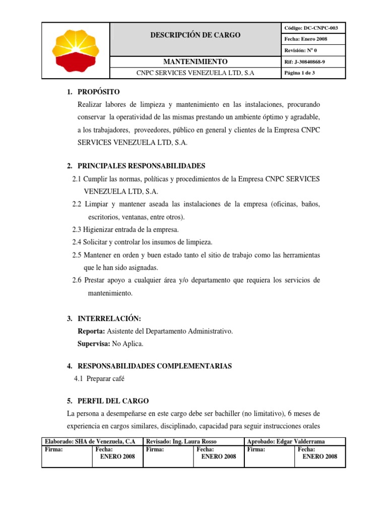 Descripción del cargo de mantenimiento en CNPC Services Venezuela Ltd ...