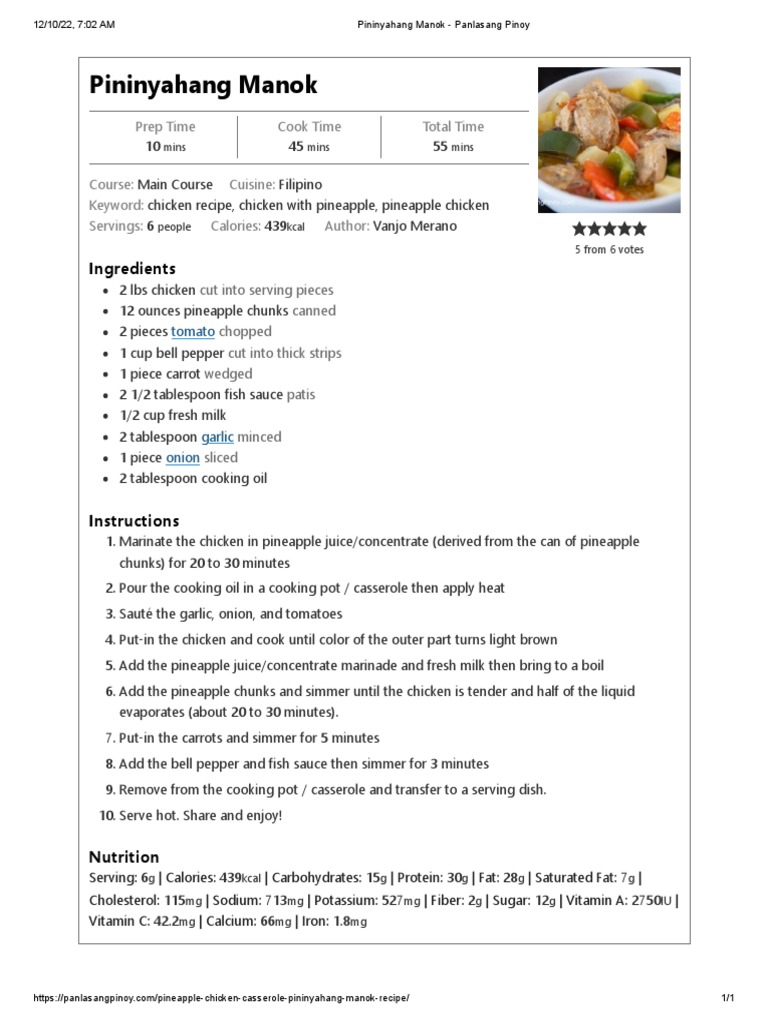 Pininyahang Manok - Panlasang Pinoy | PDF | Cooking | Juice