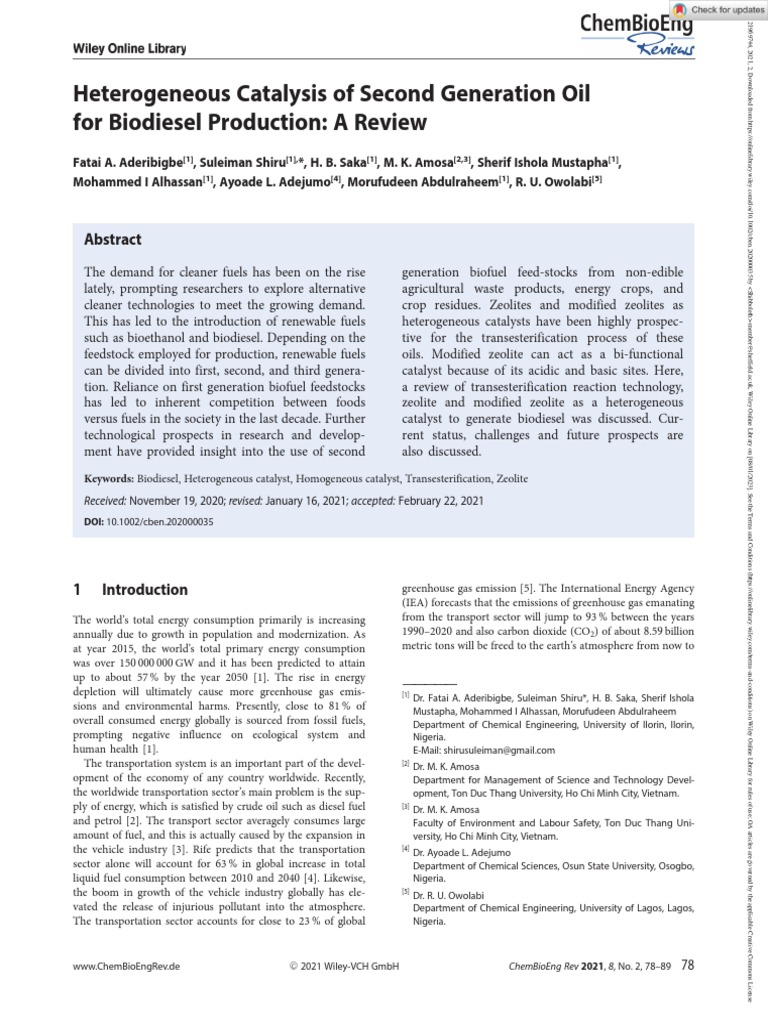 Aderibigbe Et Al. (2021) - Wiley | PDF | Biodiesel | Catalysis
