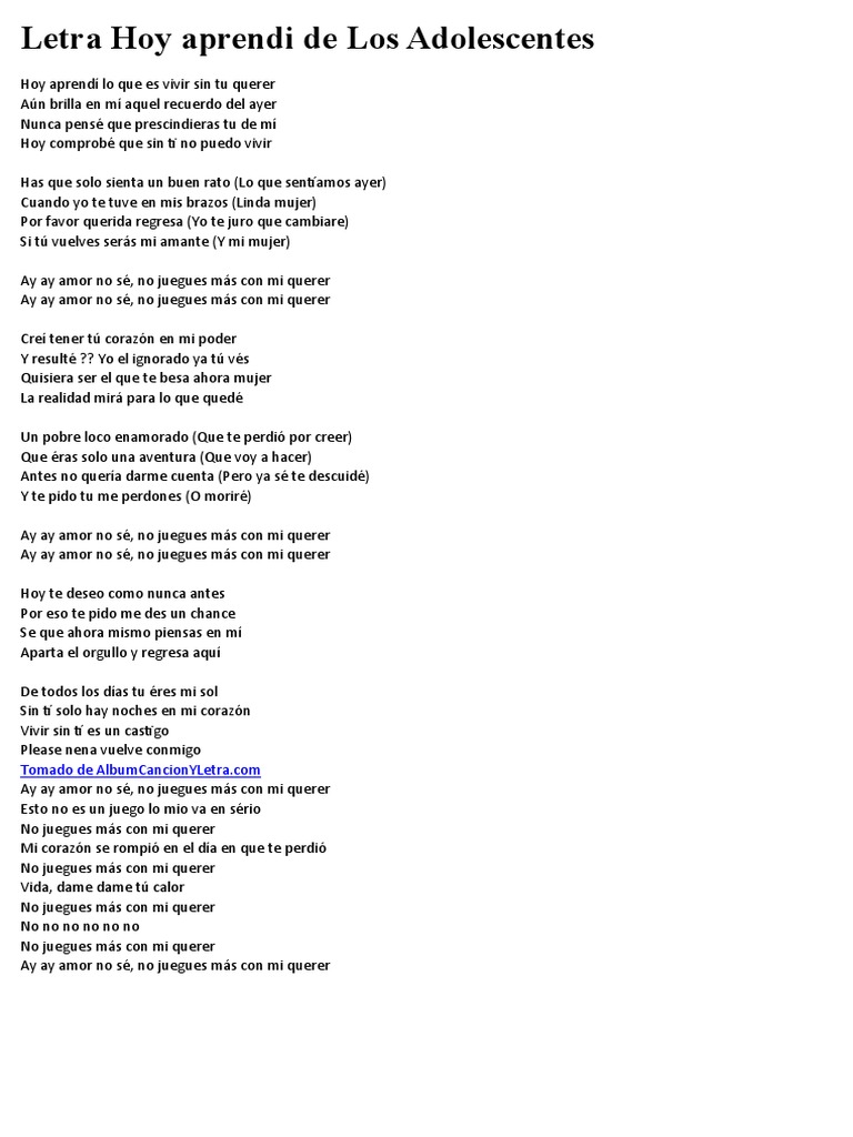 Letra "Hoy Aprendí" - Los Adolescentes | PDF
