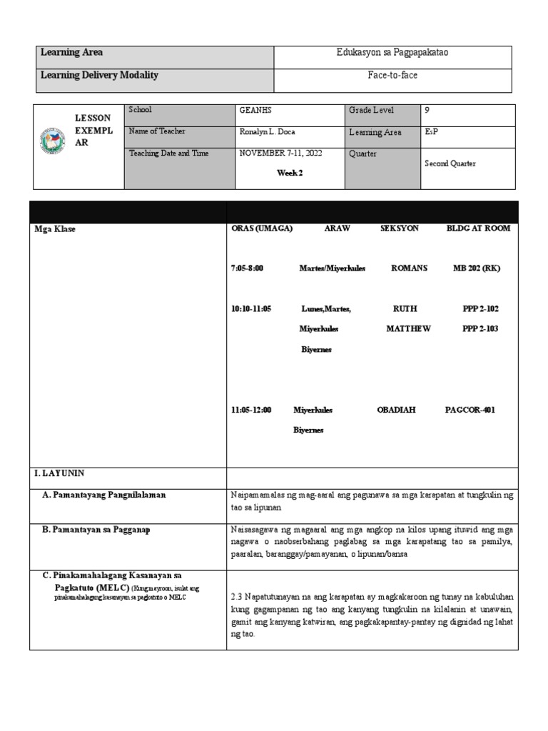Learning Area Learning Delivery Modality: Lesson Exempl AR | PDF