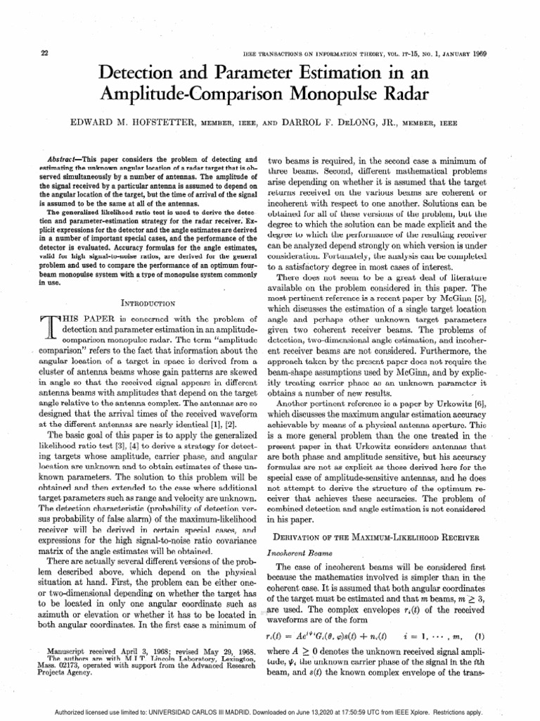Detection And Parameter Estimation In An Amplitude Comparison Monopulse