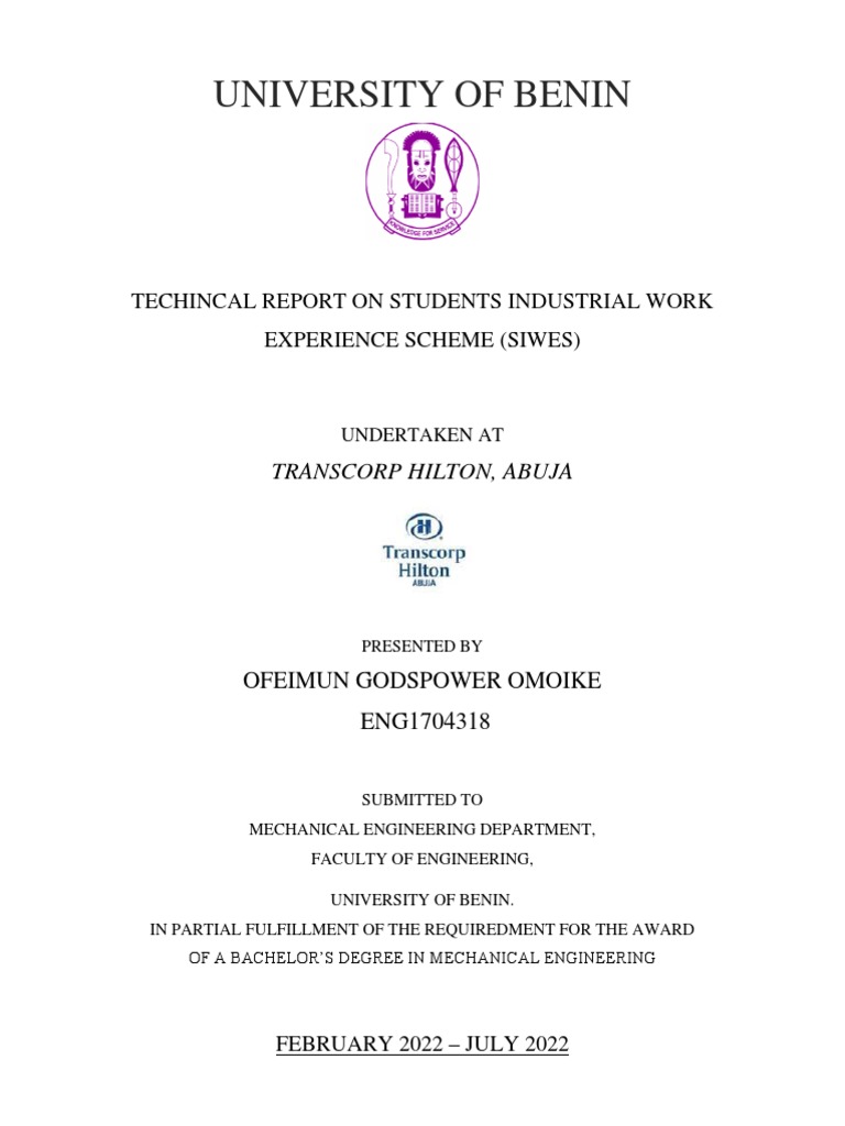 SIWES Report: Mechanical Engineering at Transcorp Hilton | PDF | Air ...