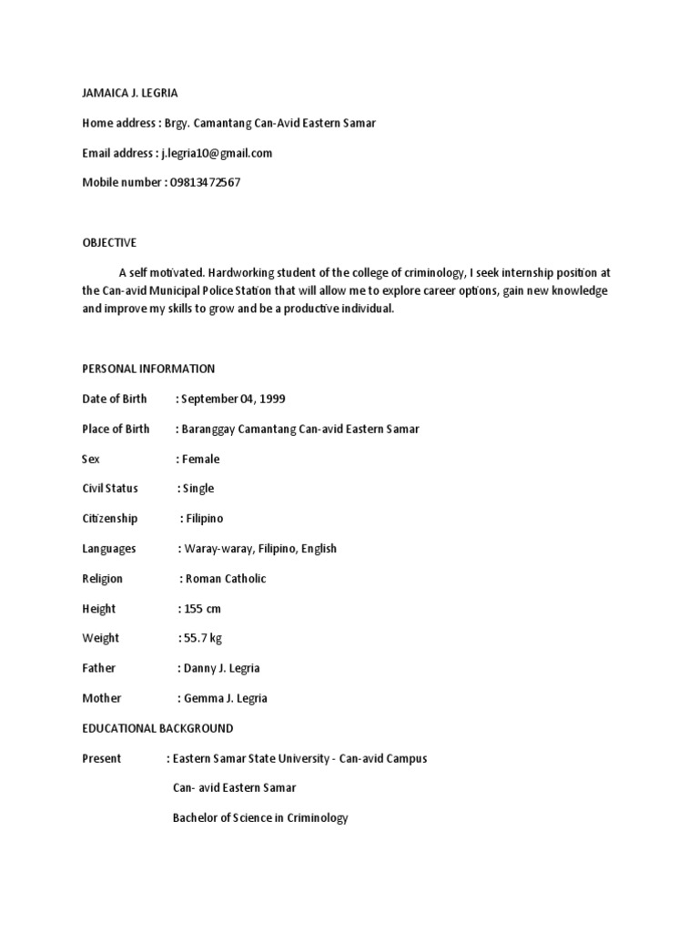 Criminology Student OJT Resume Sample | PDF