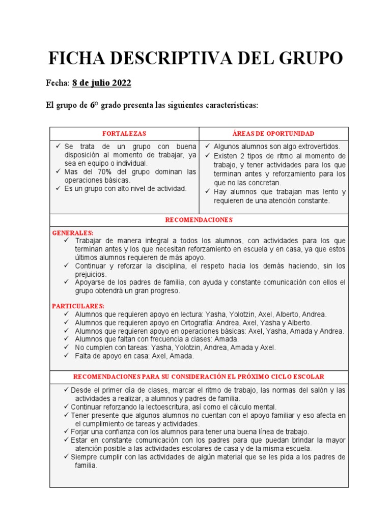 Ejemplo De Fichas Descriptivas Grupal