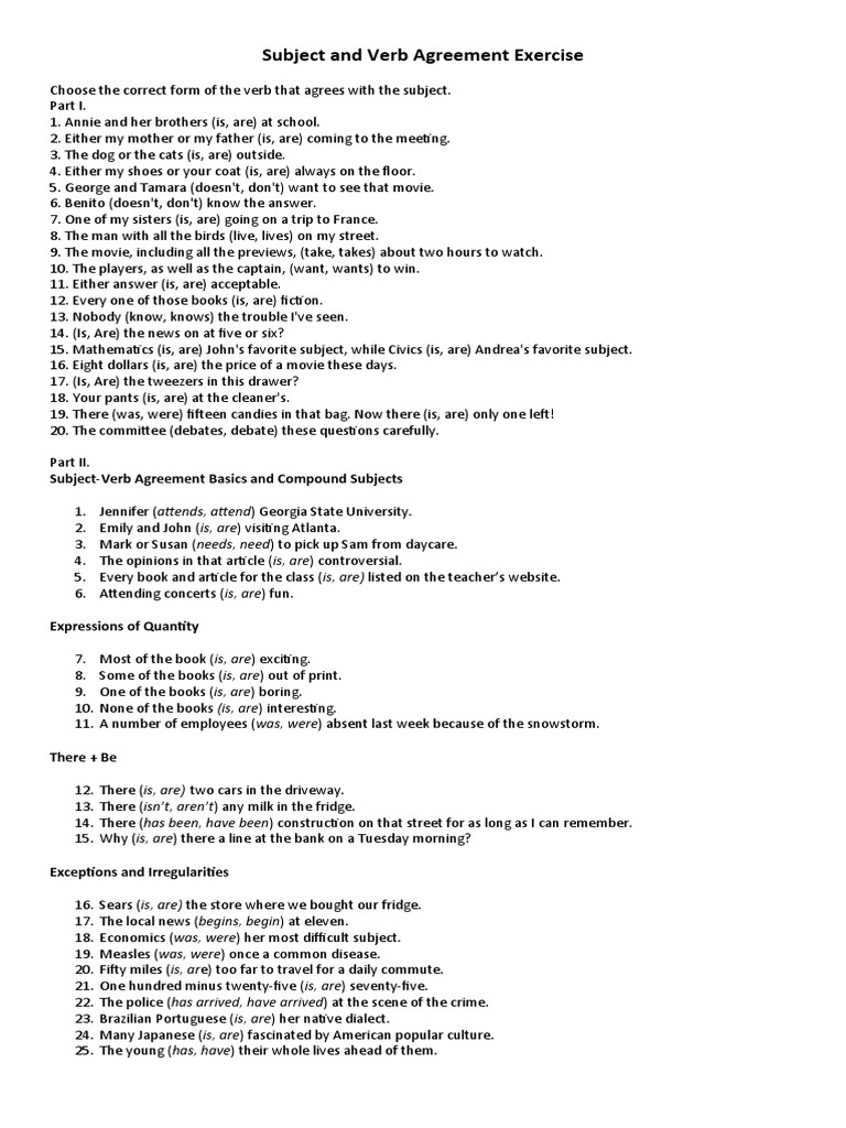 Subject and Verb Agreement Exercise | PDF | Linguistics