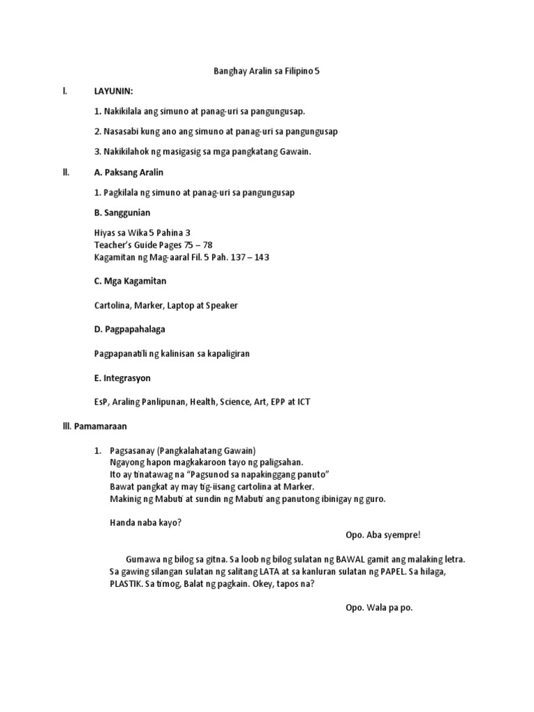 Banghay Aralin Sa Filipino 5 | PDF