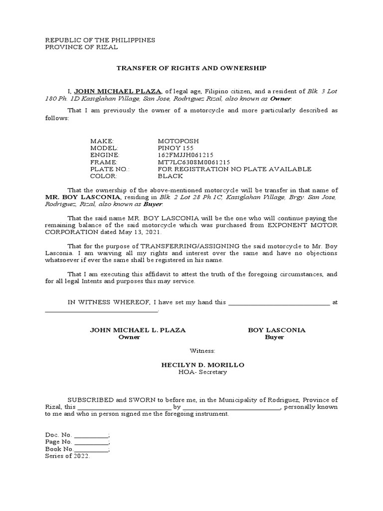 Motorcycle Ownership Transfer Affidavit | PDF