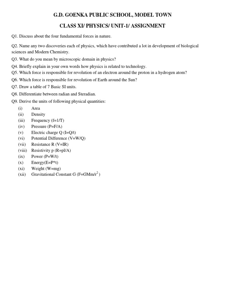 Physics Class XI Unit 1 Assignment | PDF