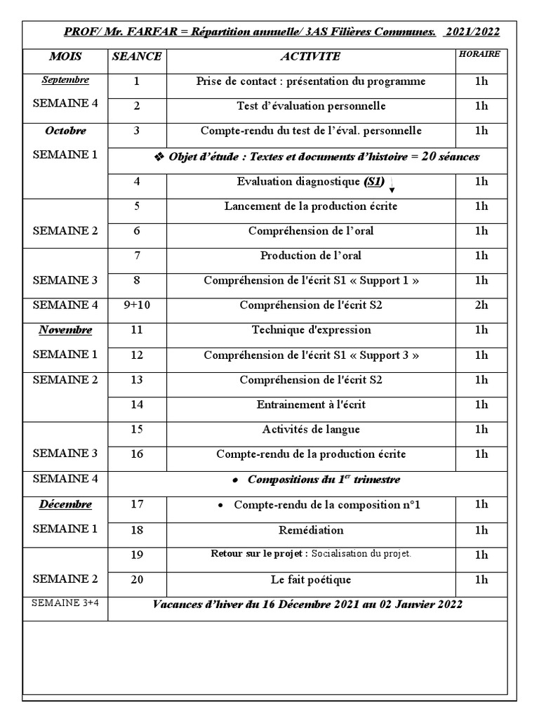 Programme de Français 3AS 2021-2022 | PDF