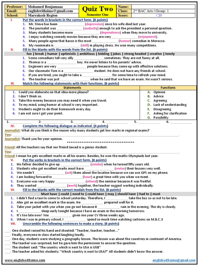 Quiz Two Second Year Bac English With Simo | PDF
