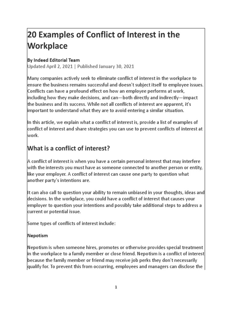 20 Examples of Conflict of Interest in The Workplace | PDF | Conflict Of Interest | Employment