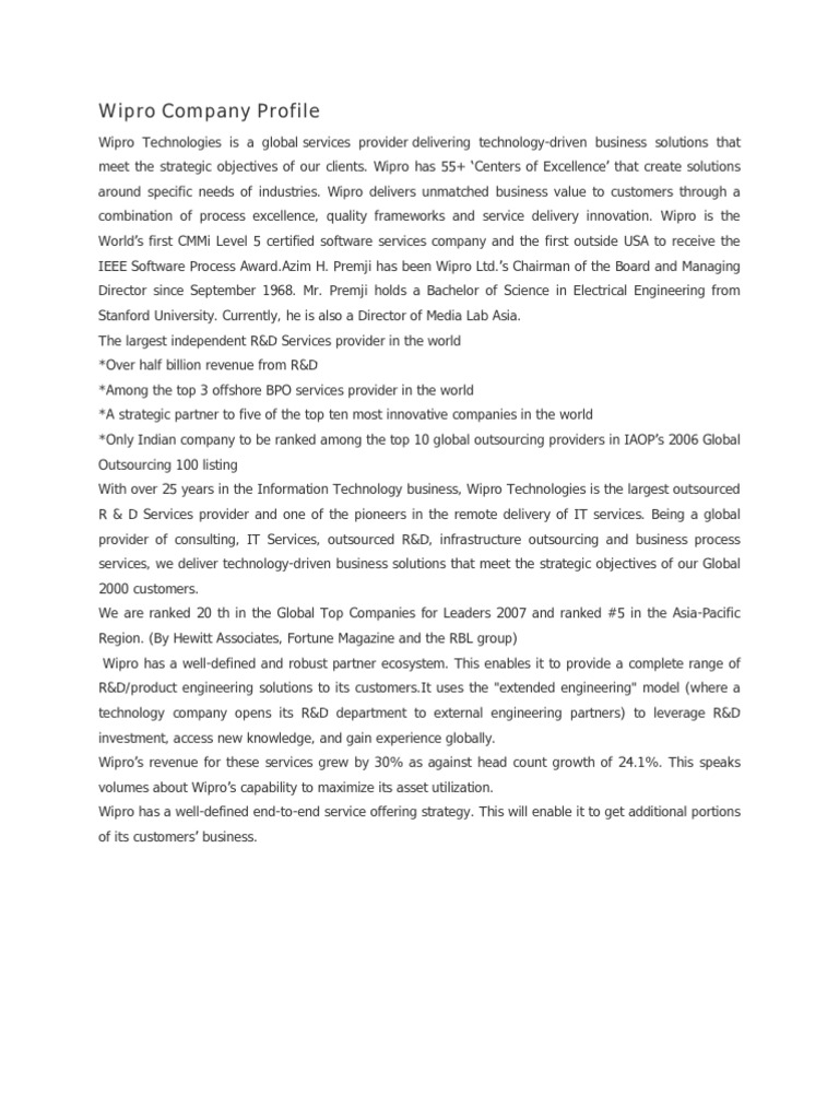 Wipro Company Profile | PDF | Business Process Outsourcing | Innovation