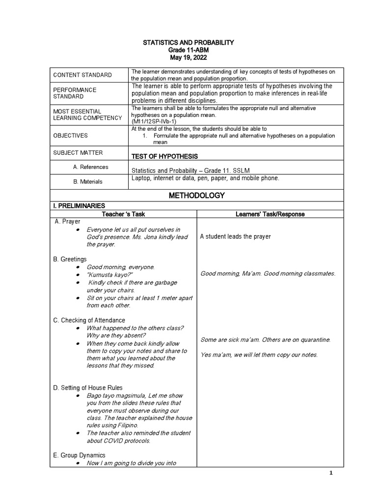 Hypothesis Testing Lesson Plan for Grade 11 | PDF | Hypothesis | Null ...