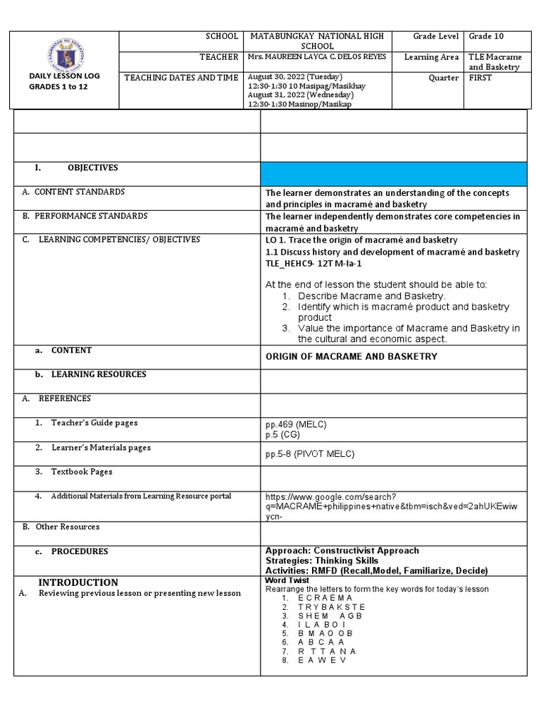 TLE10 Aug22-23 DLL | PDF | Basket Weaving | Cognitive Science