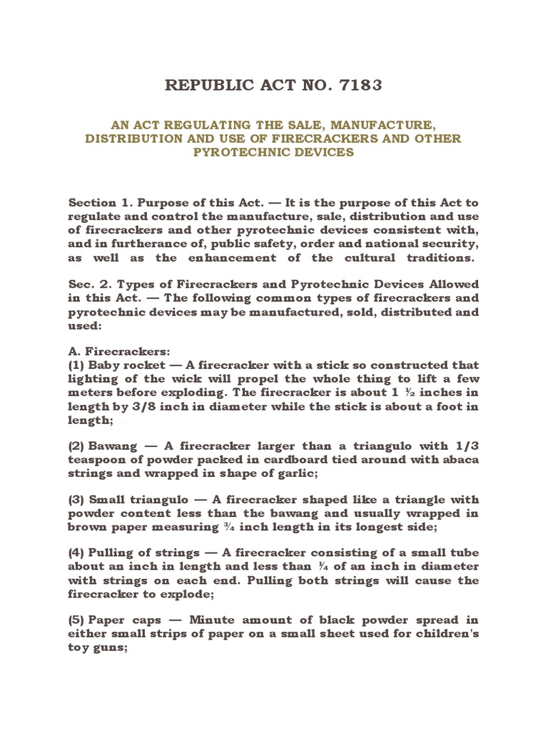 Republic Act No.7183 - Firecrackers and Pyrotechnique Devices | PDF ...