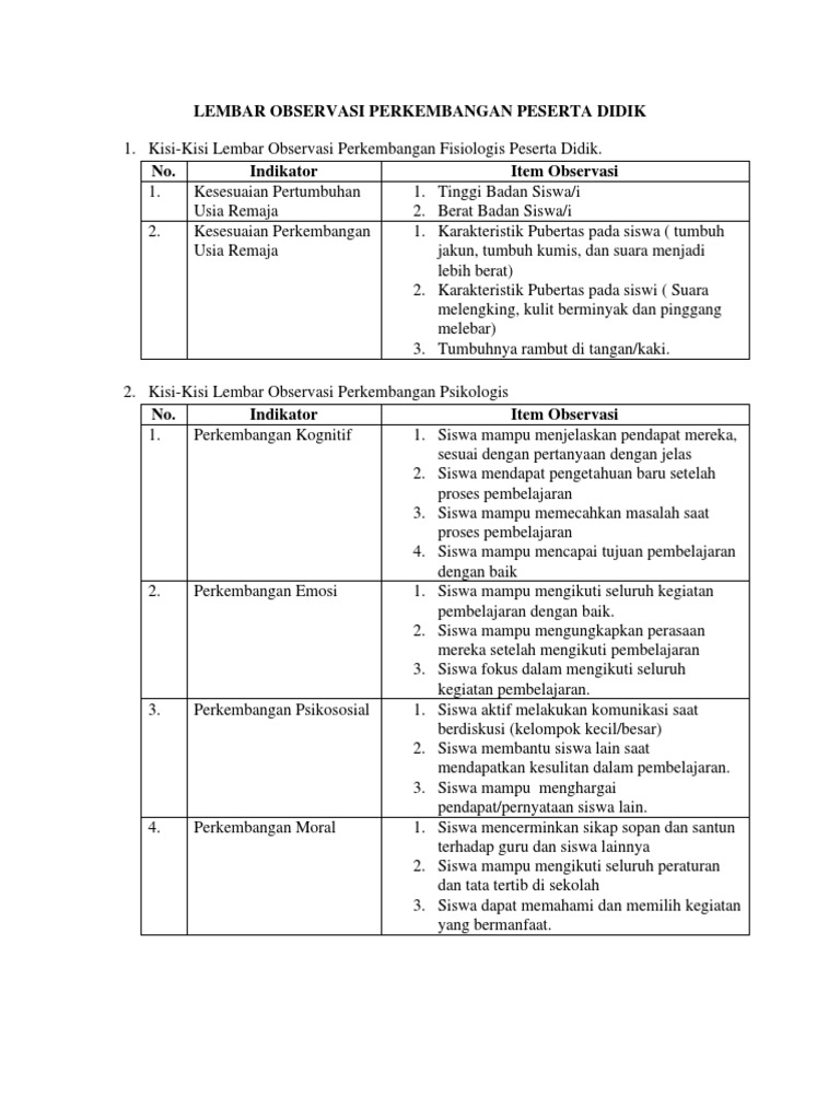 Lembar Observasi Perkembangan Peserta Didik | PDF