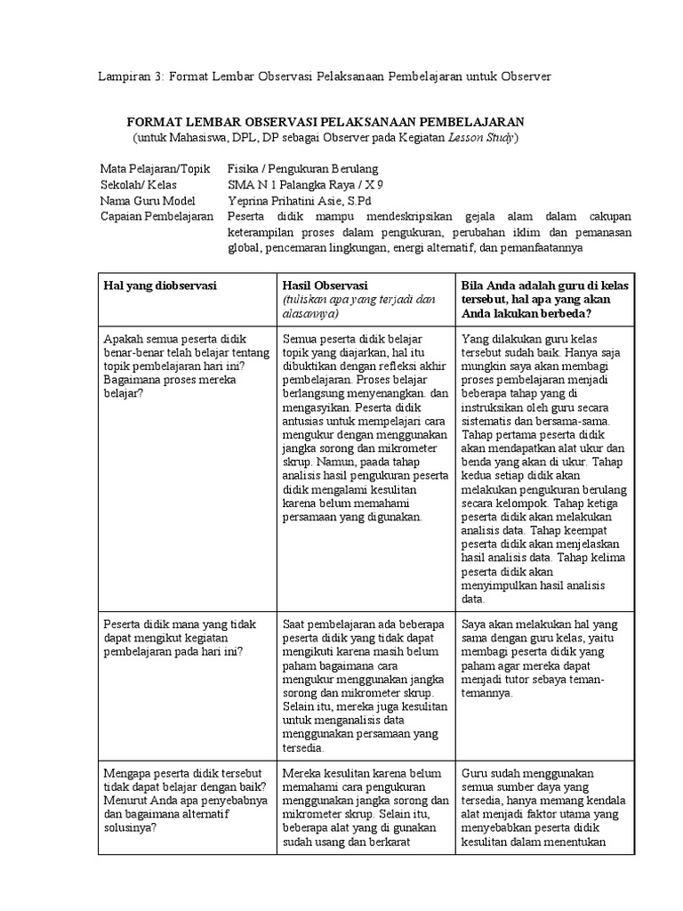 Format Lembar Observasi Pembelajaran | PDF