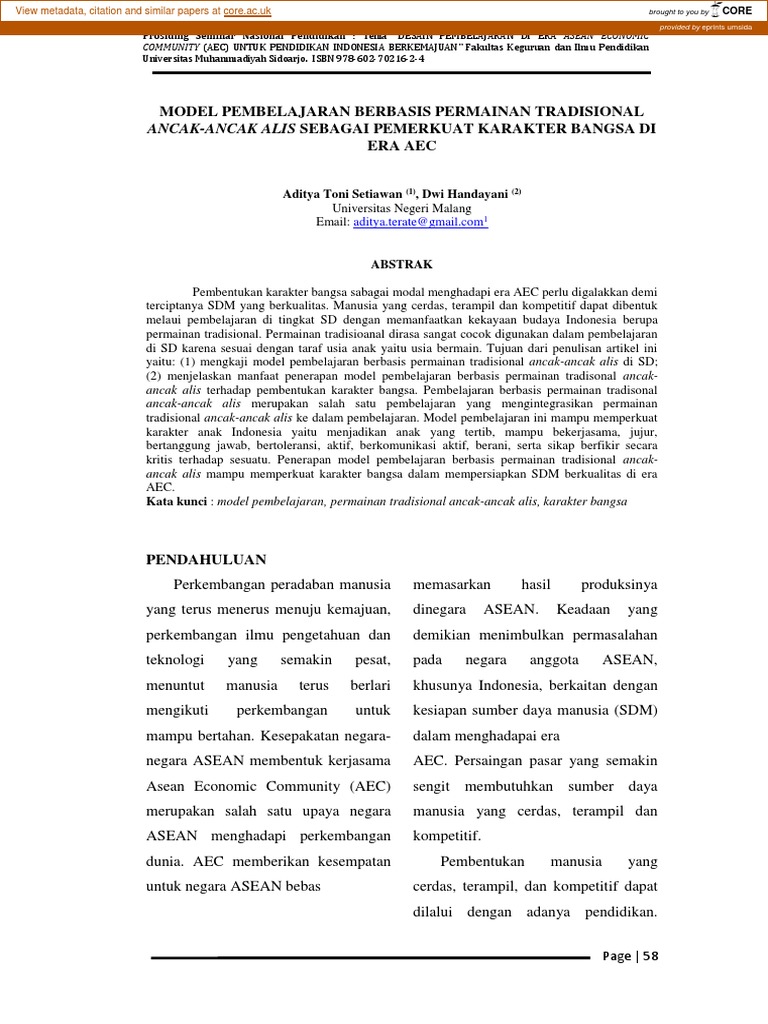 Ancak-Ancak Alis Sebagai Pemerkuat Karakter Bangsa Di: Model Pembelajaran Berbasis Permainan ...