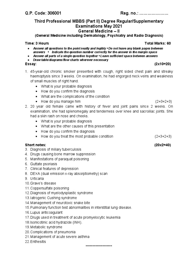 Q.P. Code: 306001 Reg. No.: Third Professional MBBS (Part II) Degree ...
