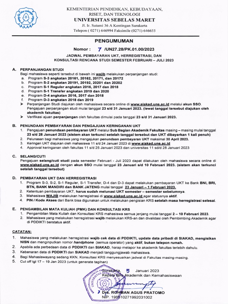 Pengumuman Jadwal Heregistrasi Semester Feb - Juli FEB UNS | PDF