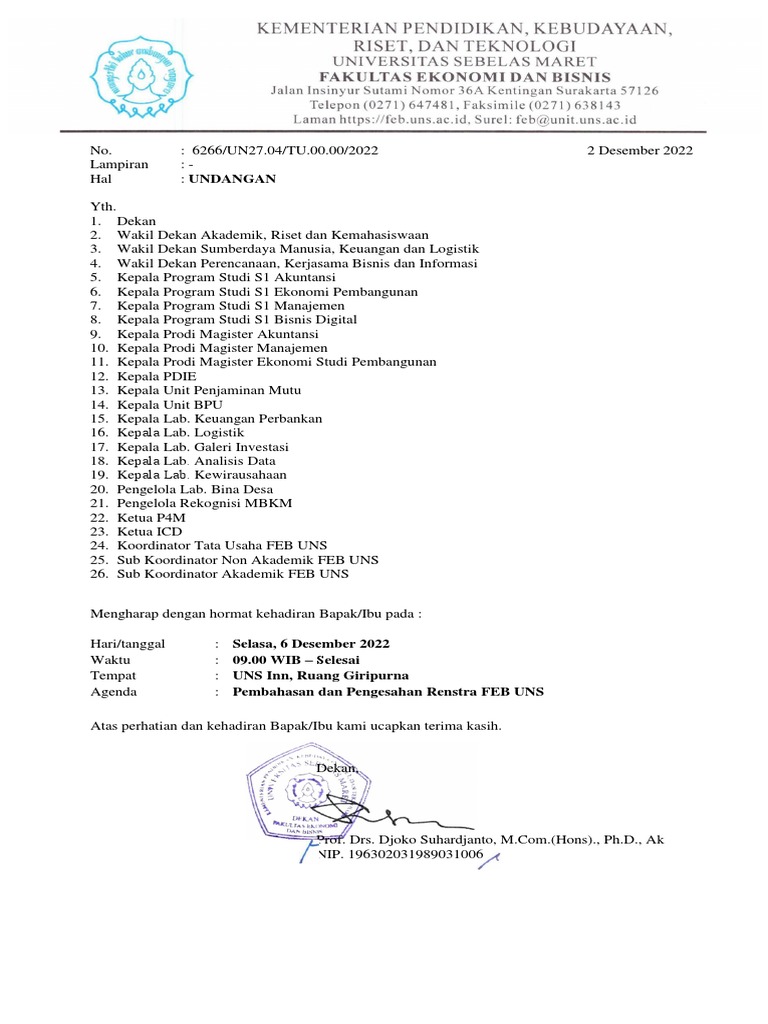 Undangan Pembahasan Dan Pengesahan Renstra FEB UNS | PDF