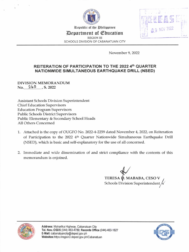 DM No. 265, S. 202 - Reiteration of Participation To The 4th Quarter ...
