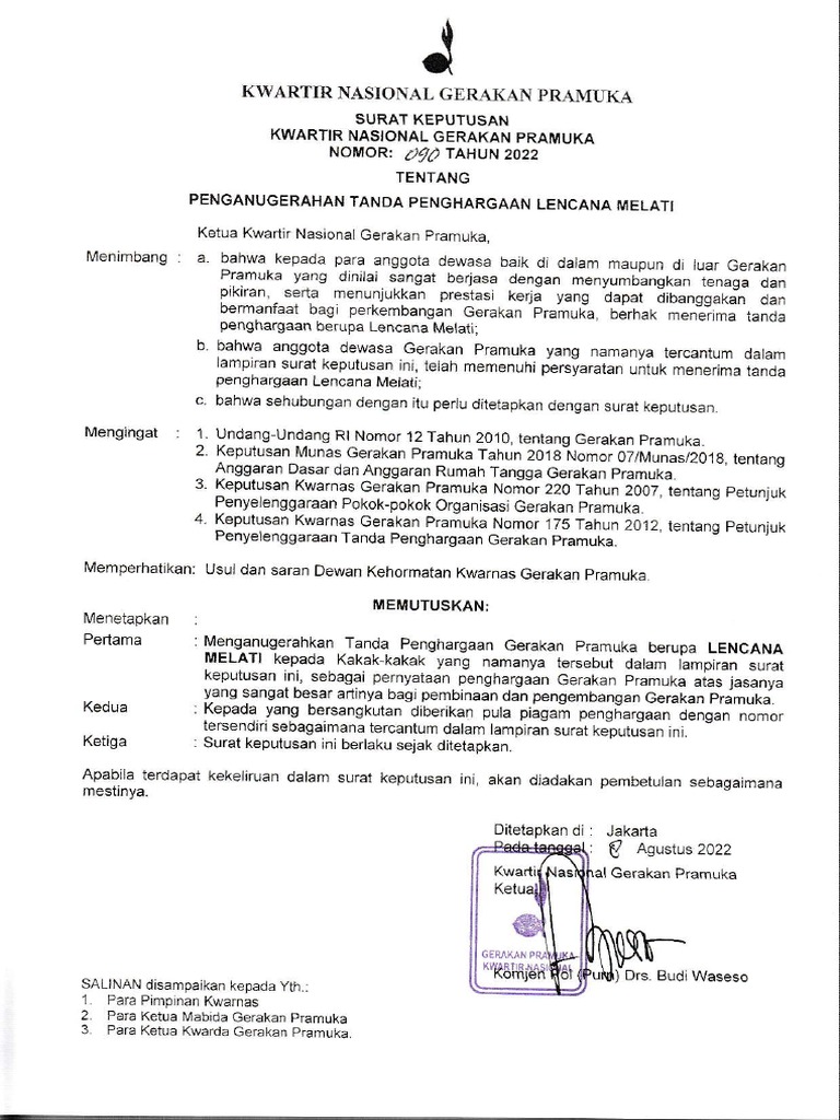 SK Kwarnas No 090 Tahun 2022 Tentang Penganugrahan Tanda Penghargaan Lencana Melati | PDF