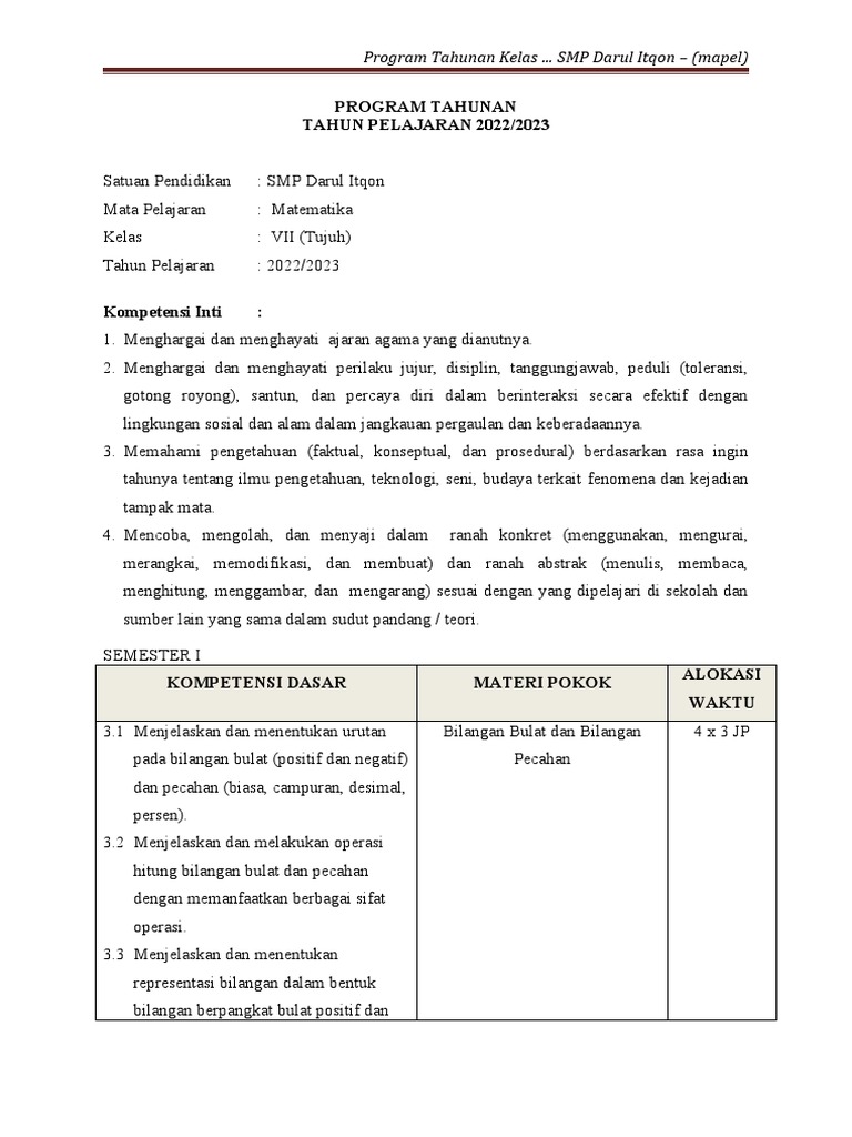 Template Prota SMP Darul Itqon 2022-2023 | PDF