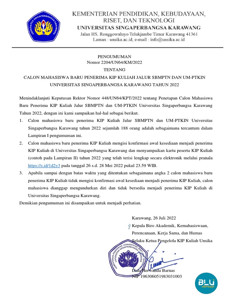 Pengumuman KIP K SBMPTN Dan UM PTKIN 2022 | PDF Pengumuman KIP K SBMPTN Dan UM PTKIN 2022 | PDF