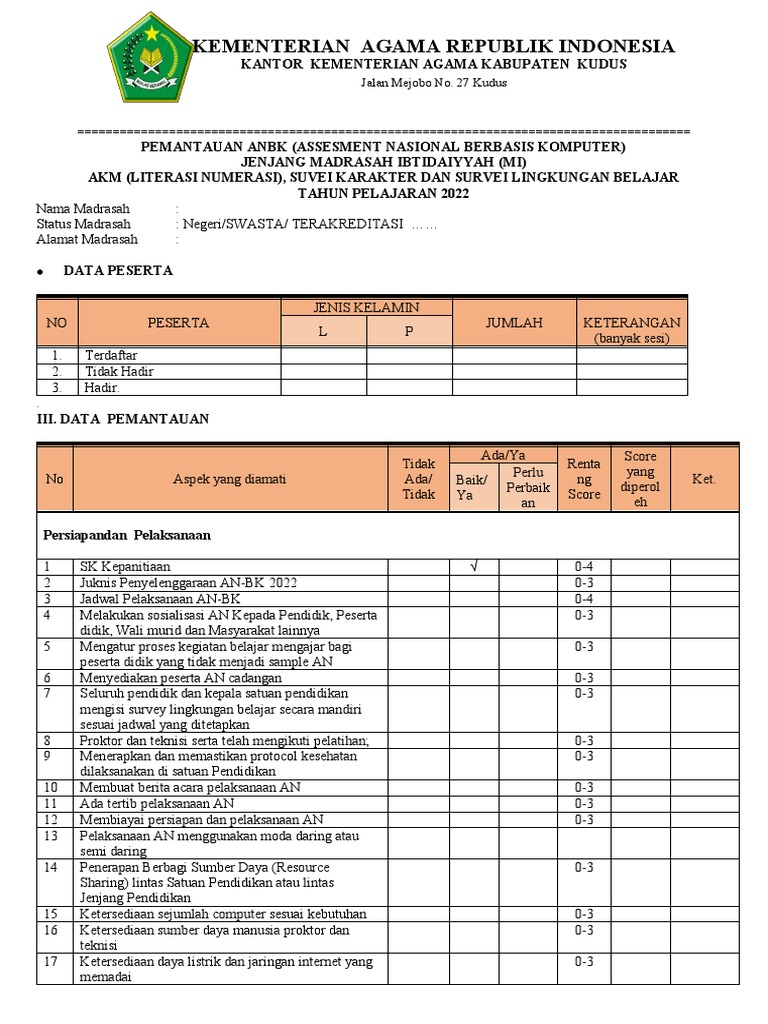 Instrumen Pemantauan ANBK MI 2022 | PDF