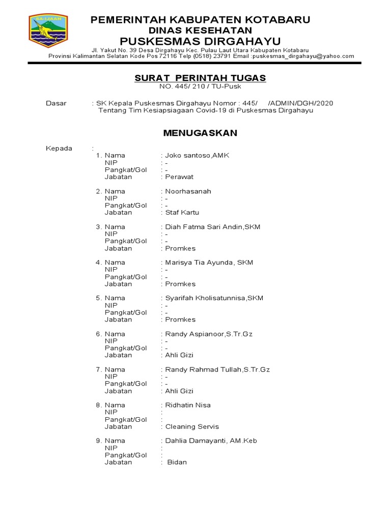 Surat Tugas Tim Kesiapsiagaan Covid | PDF